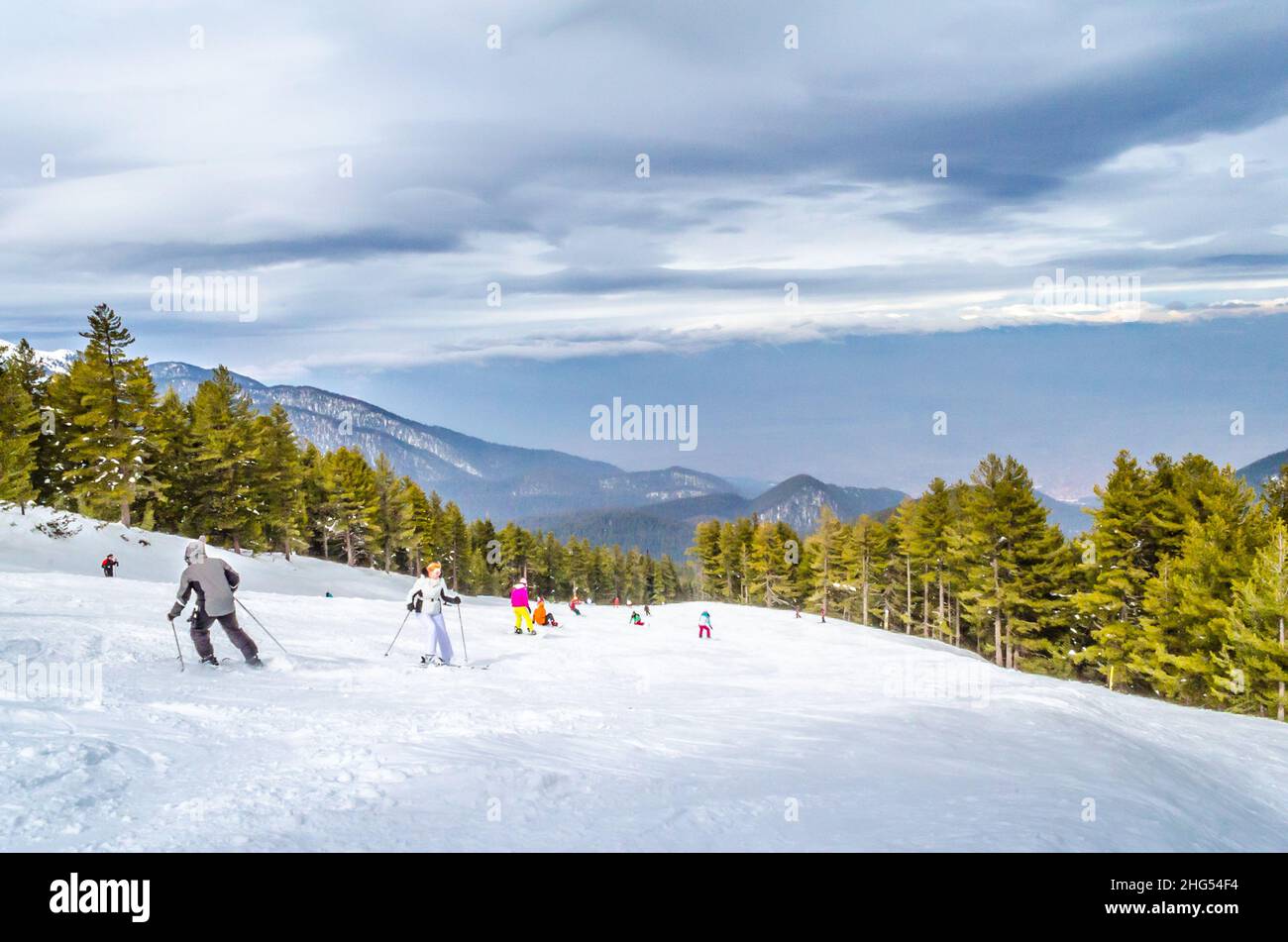 Amazing Winter Landscape with People Skiing and Snowboarding. Ski Piste ...