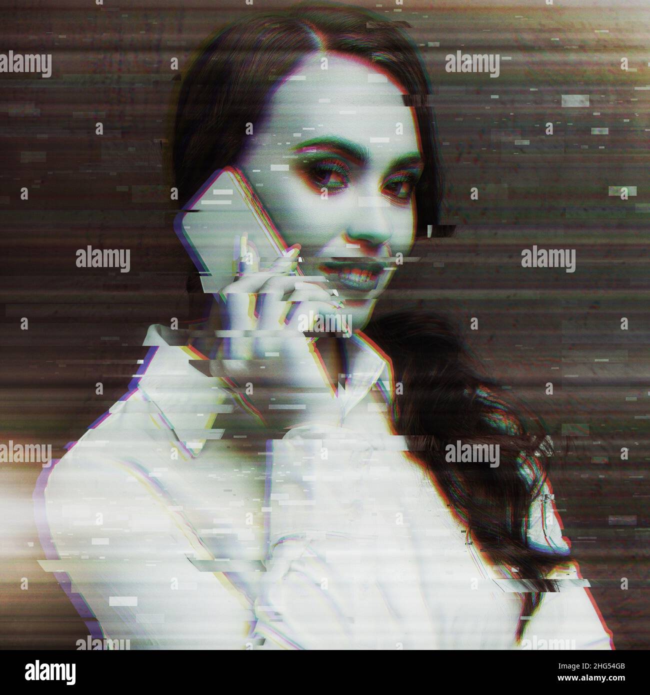Portrait of girl with phone with glitch effect. Digital girl is talking ...