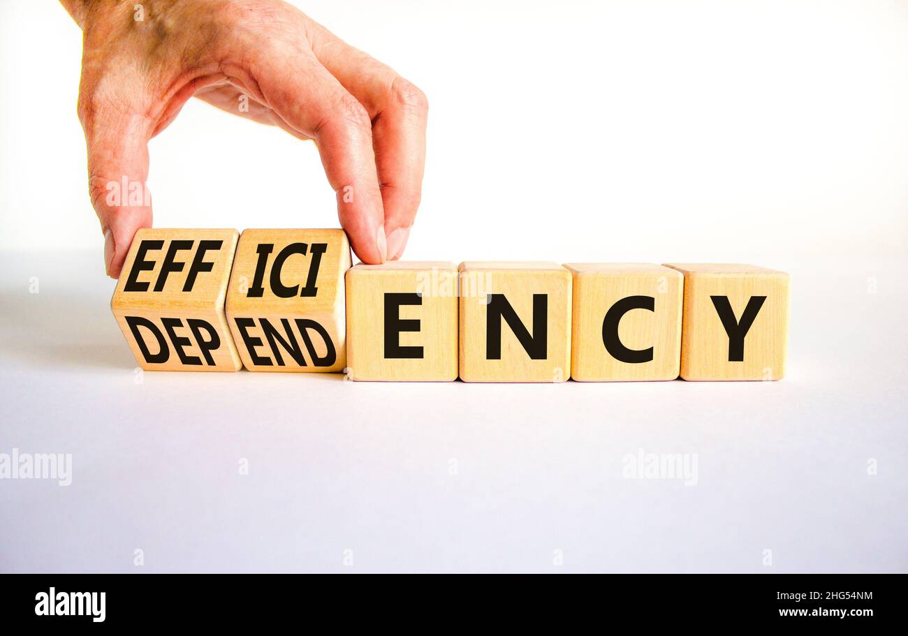Efficiency or dependency symbol. Businessman turns cubes, changes the ...