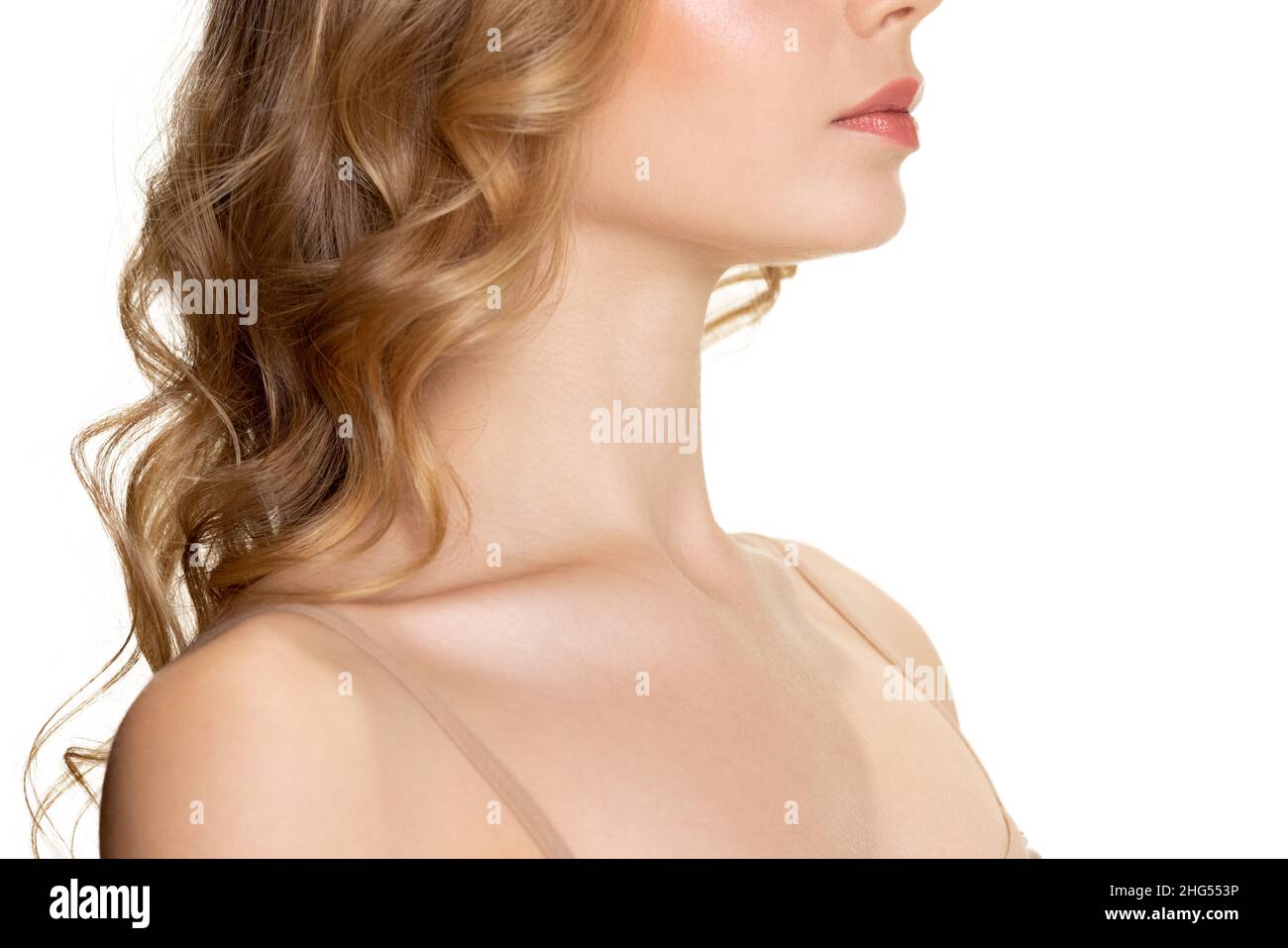 Collarbones. Portrait of young female fashion model isolated on white ...