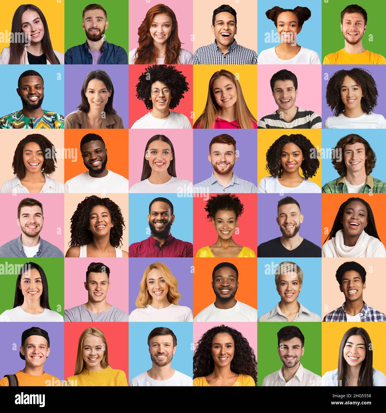 Set of diverse young people portraits with perfect smiles, colorful ...