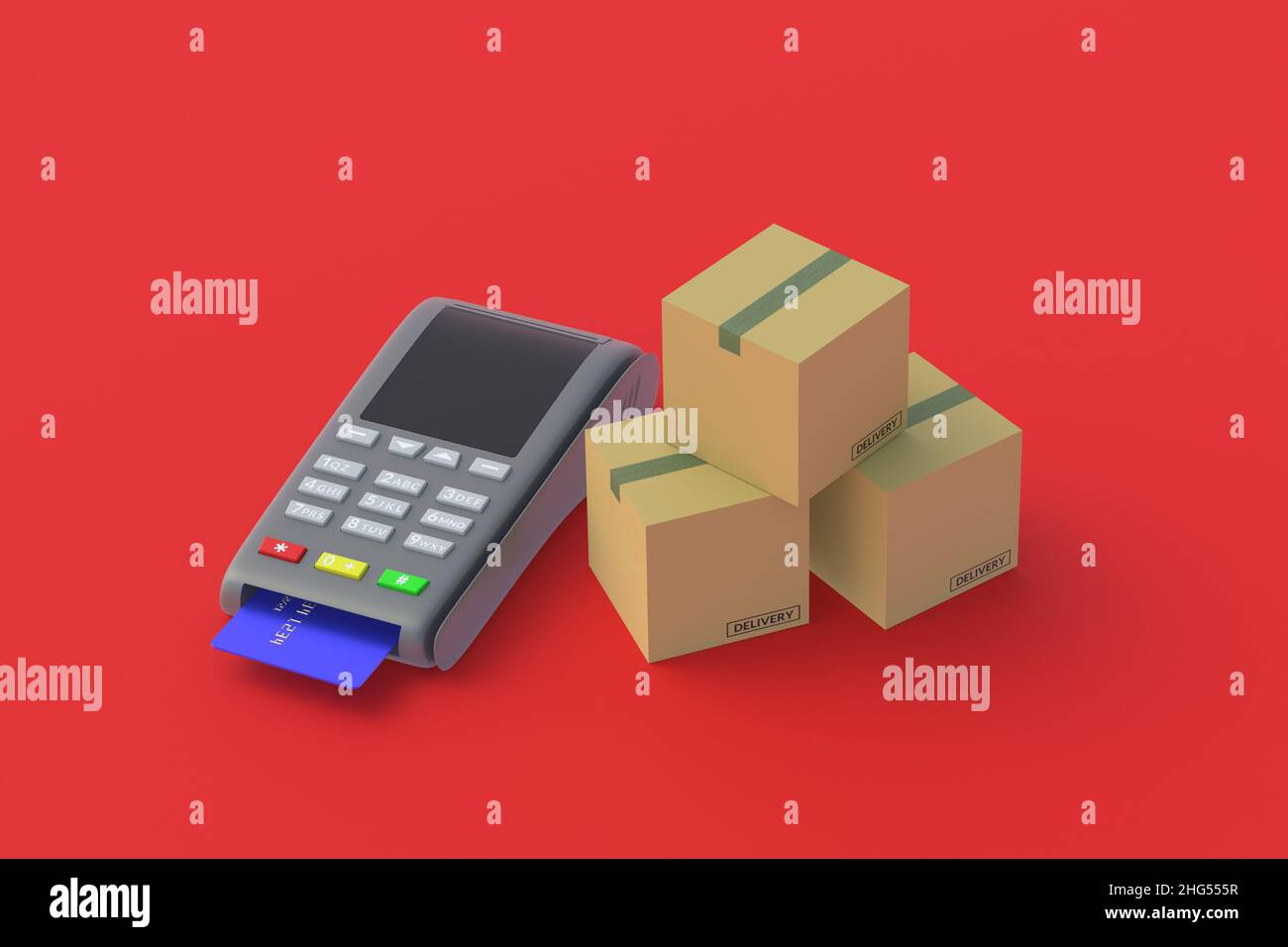 Compact cash register with a plastic card near cardboard boxes ...