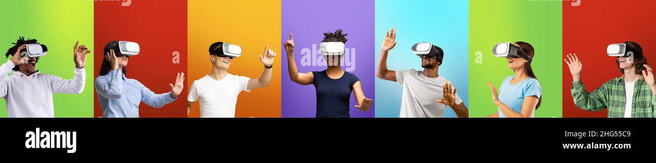 Cyberspace concept. Diverse young people in virtual reality glasses ...