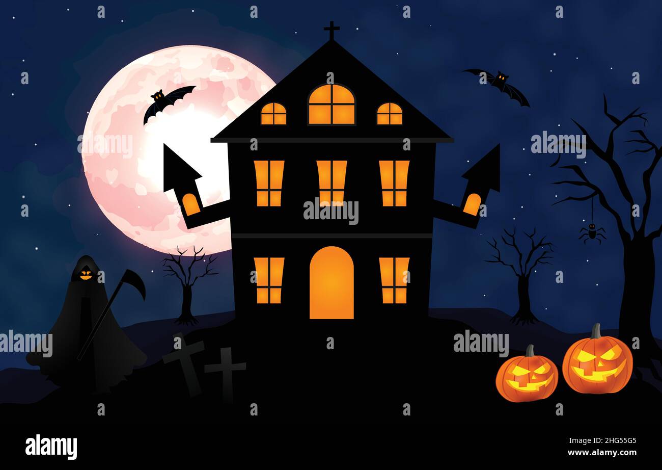 Halloween Full moon, Banner, Spiders, Haunted House, Pumpkins, Death ...