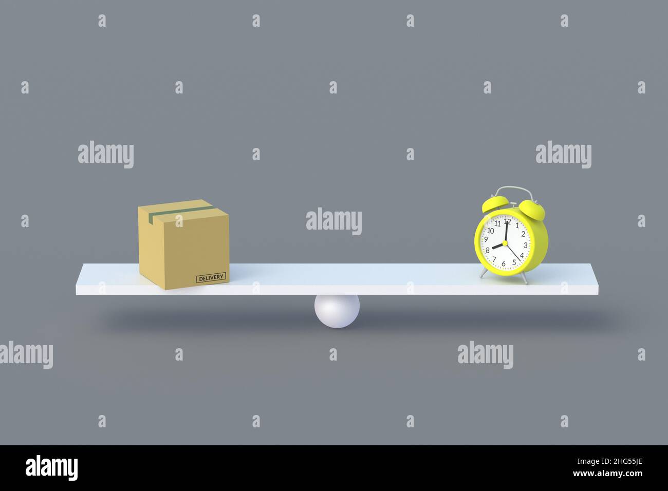 Cardboard box and alarm clock on scales. High speed of delivery. Honest ...