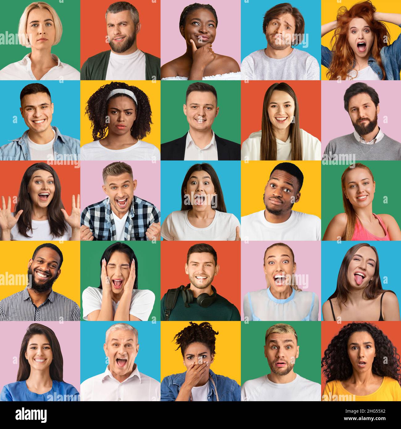 Collage of multiracial people expressing different emotions on bright ...