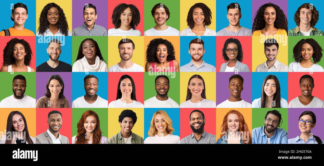 Mosaic of positive happy multiracial millennials portraits on different ...