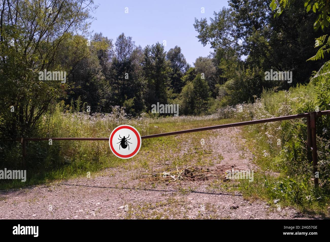 Warning sign beware of ticks in infested area in the forest Stock Photo ...