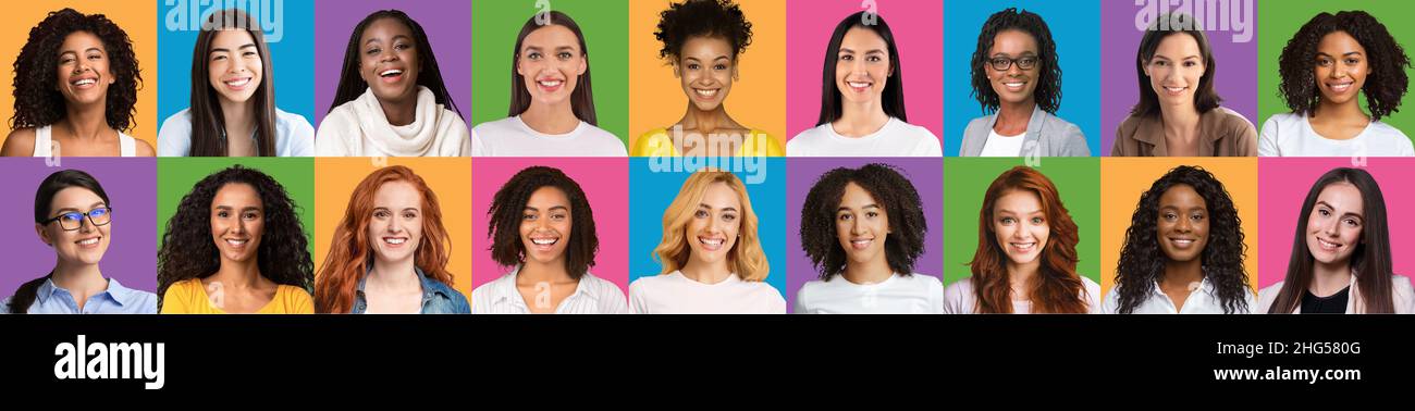 Female beauty. Collage of young multiethnic women over colorful ...