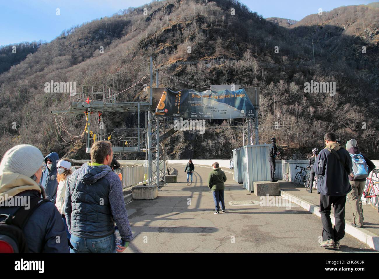 VERZASCA, SWITZERLAND - JANUARY 8, 2022: people visiting the Contra Dam ...