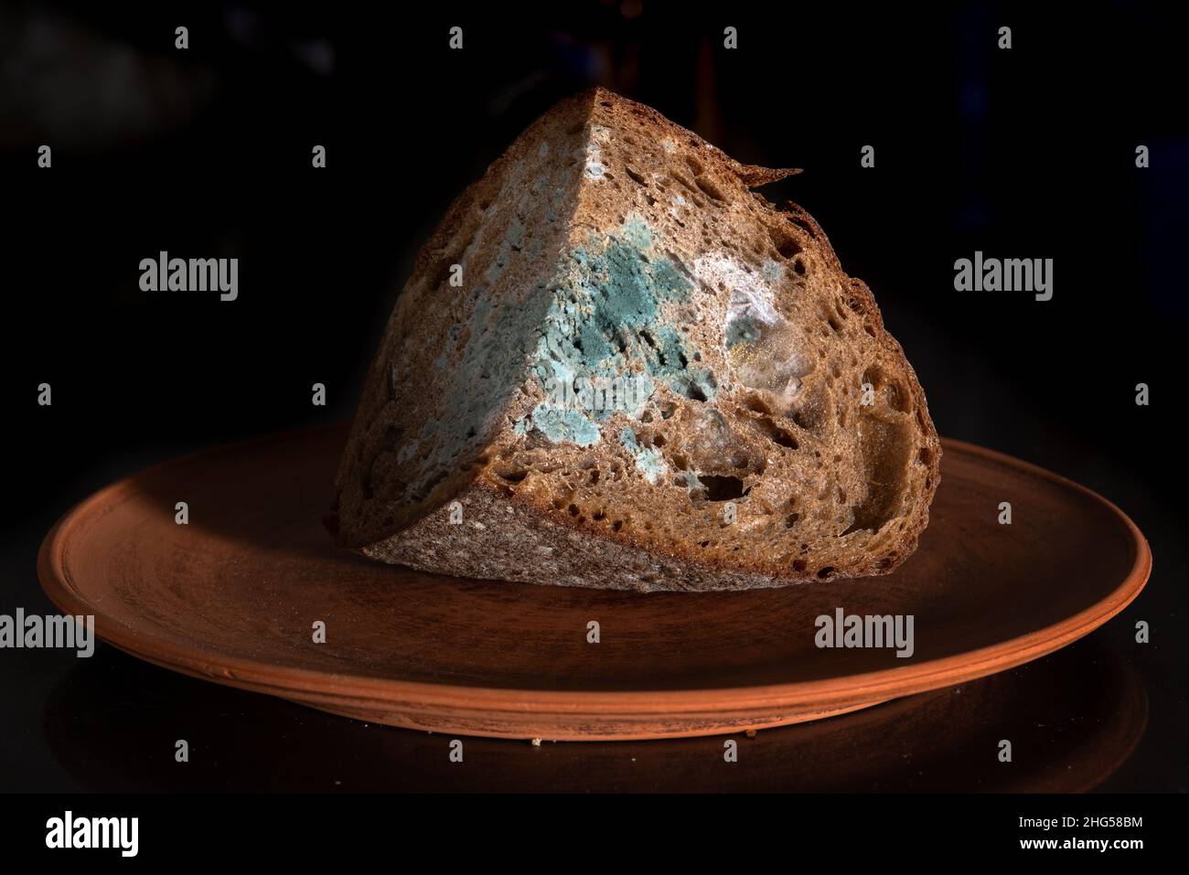 The old mold on the rye bread. Spoiled food. Mold on food on ceramic ...