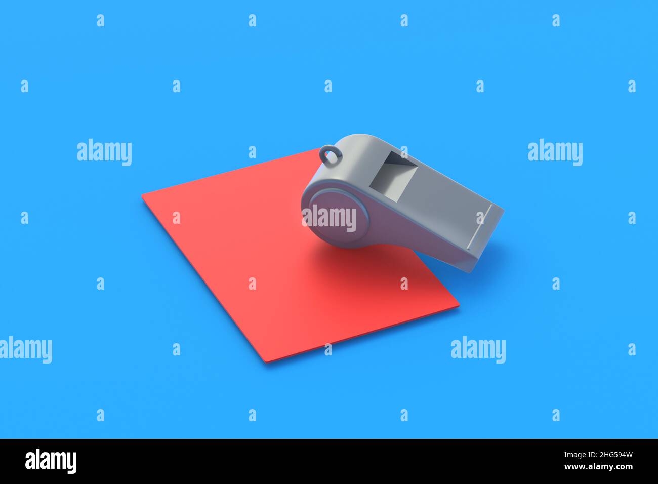 Whistle near red card for playing soccer on blue background. Violation ...