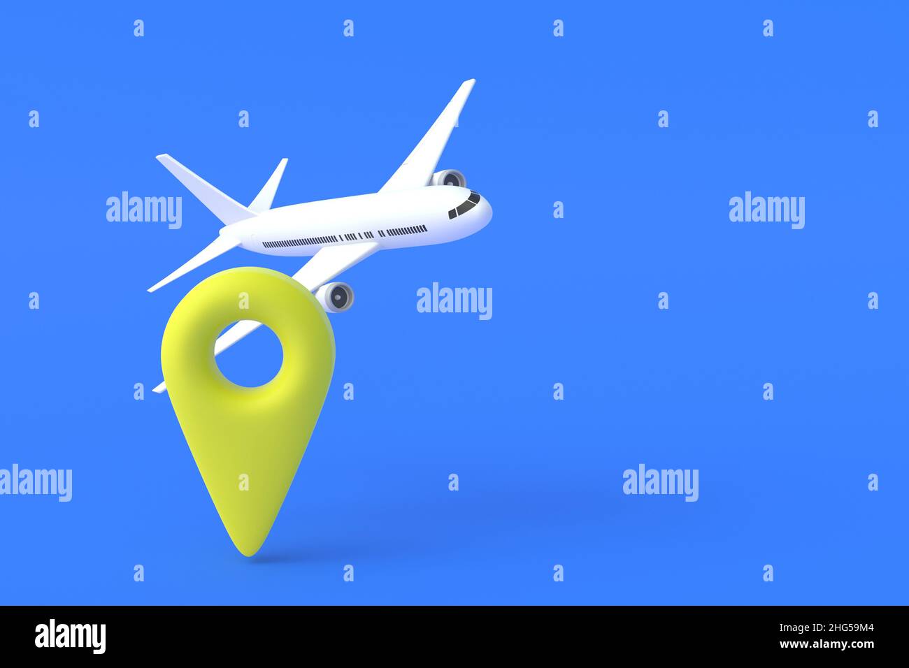 Airplane near yellow mark of gps, geolocation on blue background ...