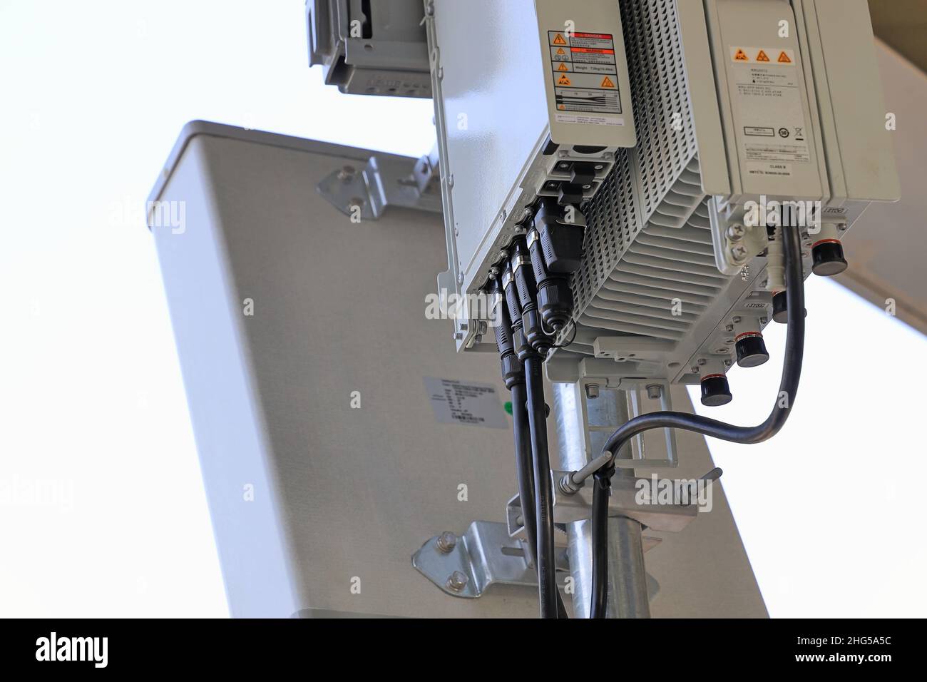 Close up equipment section of Wireless Communication Antenna pole ...