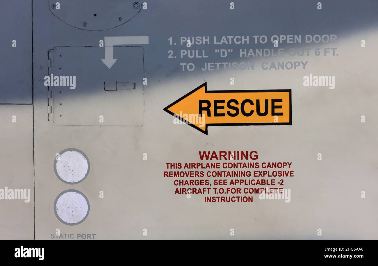Rescue warning sign on fuselage of modern jet fighter Stock Photo - Alamy