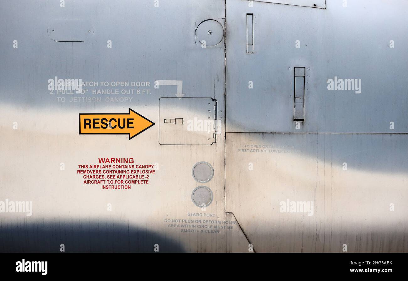 Rescue warning sign on fuselage of modern jet fighter Stock Photo - Alamy