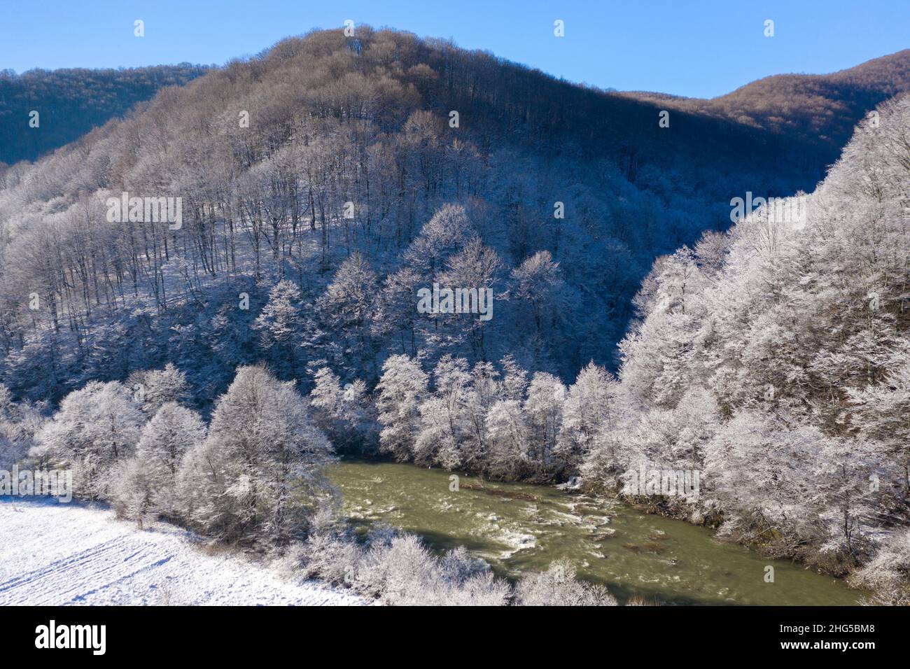 Mountain raging river flows between snowy trees aerial view Stock Photo ...