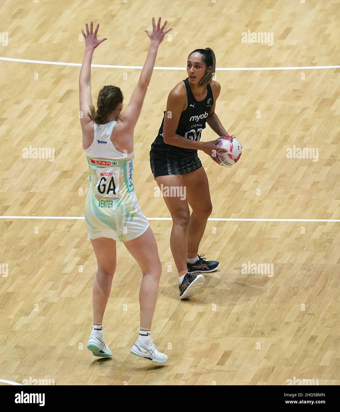 New Zealand's Phoenix Karaka (right) in action during the Netball Quad ...
