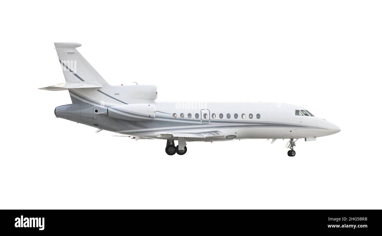 Modern corporate business jet during flight, isolated on white ...