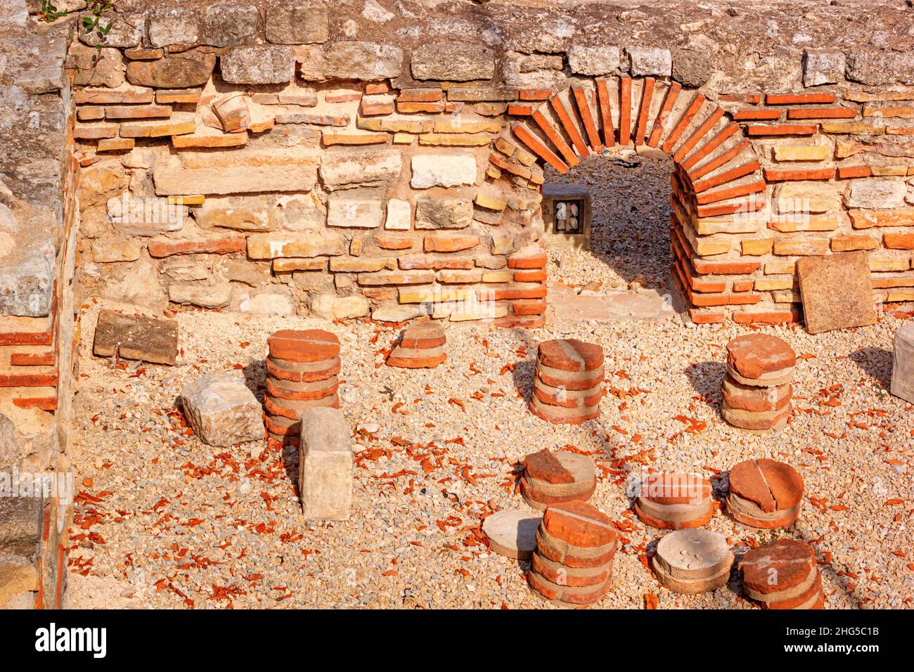 View of remains hypocaust, the heating system in the thermae ruins of ...