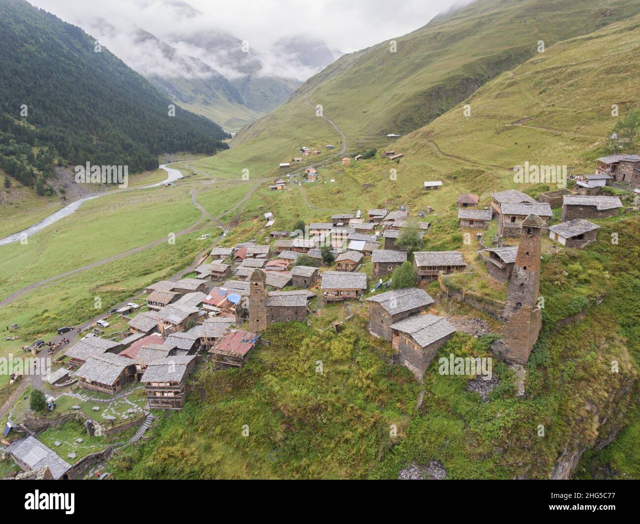 Aerial view of the village of Dartlo in Tusheti, Georgia Stock Photo ...