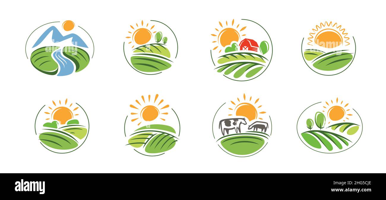Farming, agriculture logo set. Farm fields and sun, collection of ...