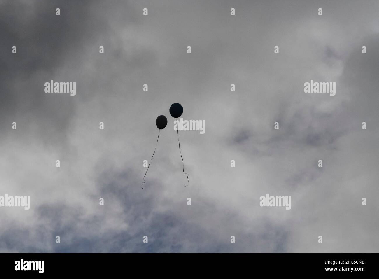 Two balloons fly into a cloudy sky. Silhouette of two helium balloons ...