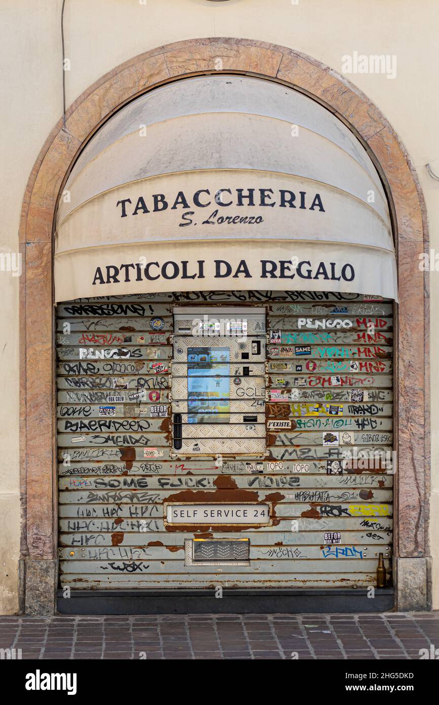 Pisa, Italy - August 9, 2021: self-service tobacco machine on the side ...