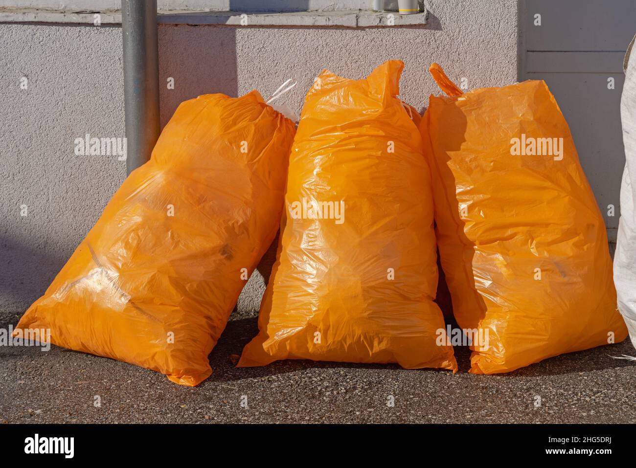 Three Orange Garbage Bags at Street Recycling Collection Stock Photo ...
