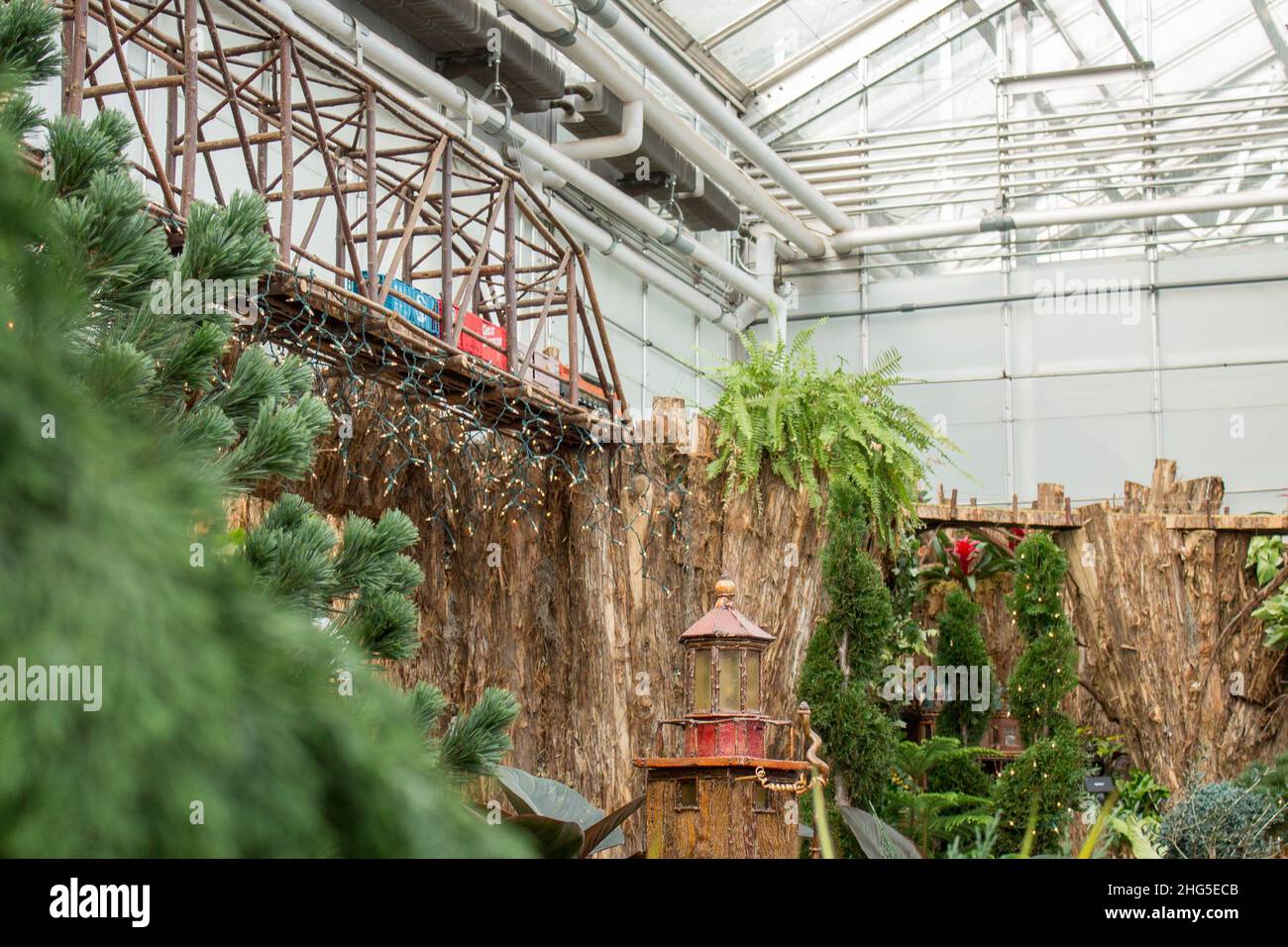 Model train traveling through a holiday display in a greenhouse Stock ...