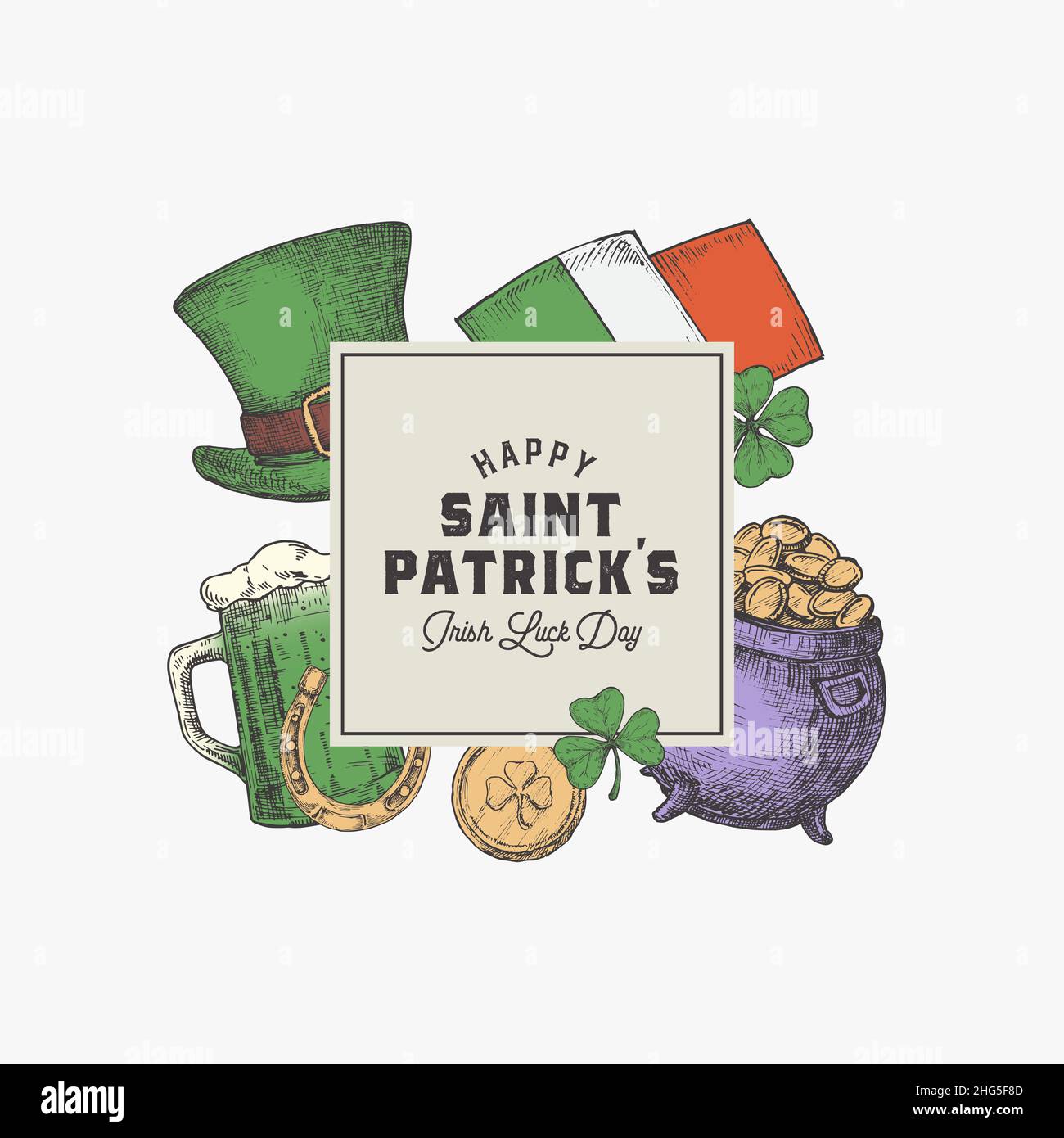 Saint Patricks Day Card Or Frame Label Template Hand Drawn Leprechauns