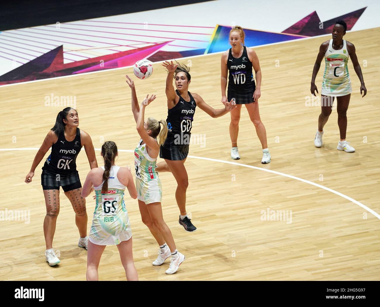 New Zealand's Phoenix Karaka (right) in action during the Netball Quad ...