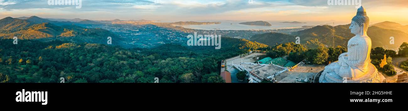 Aerial view of Big Buddha viewpoint at sunset in Phuket province ...