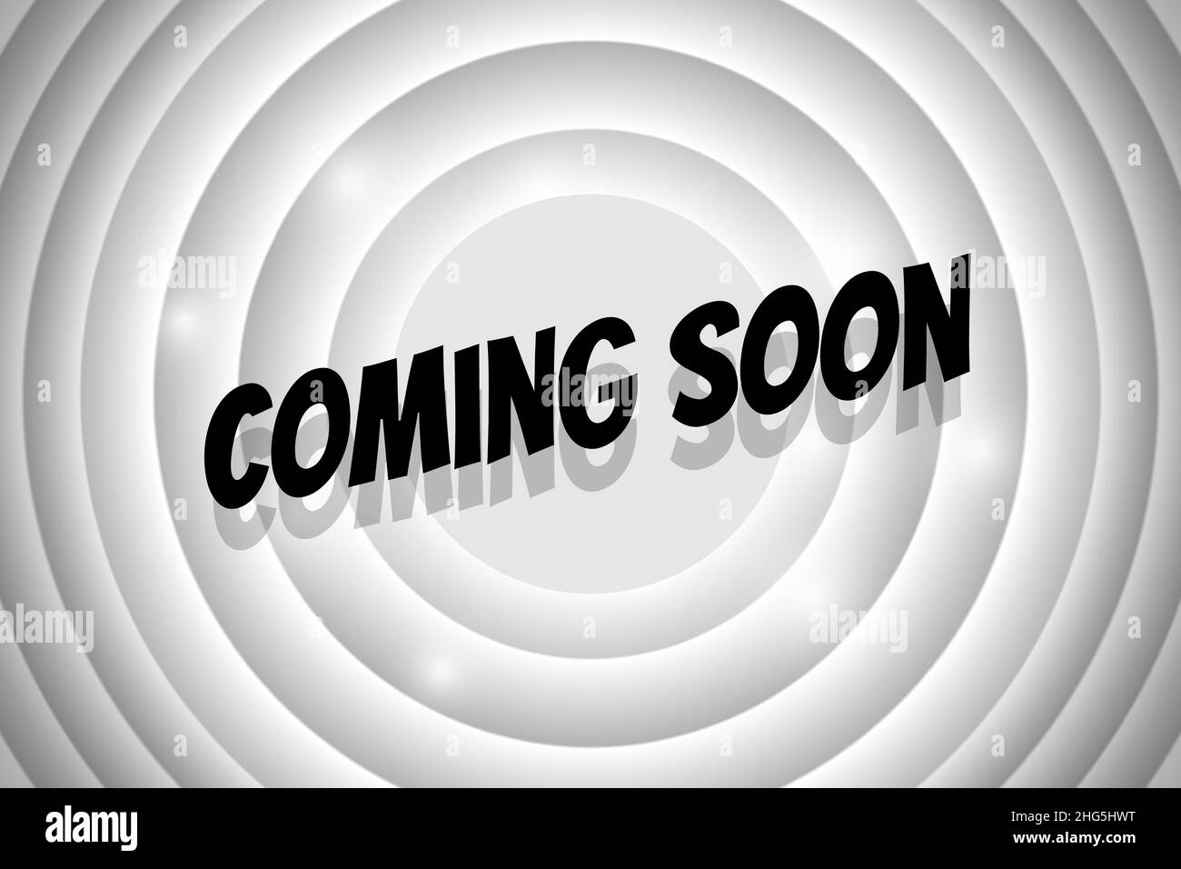 Coming soon announcement comic style text on white circle retro cinema ...