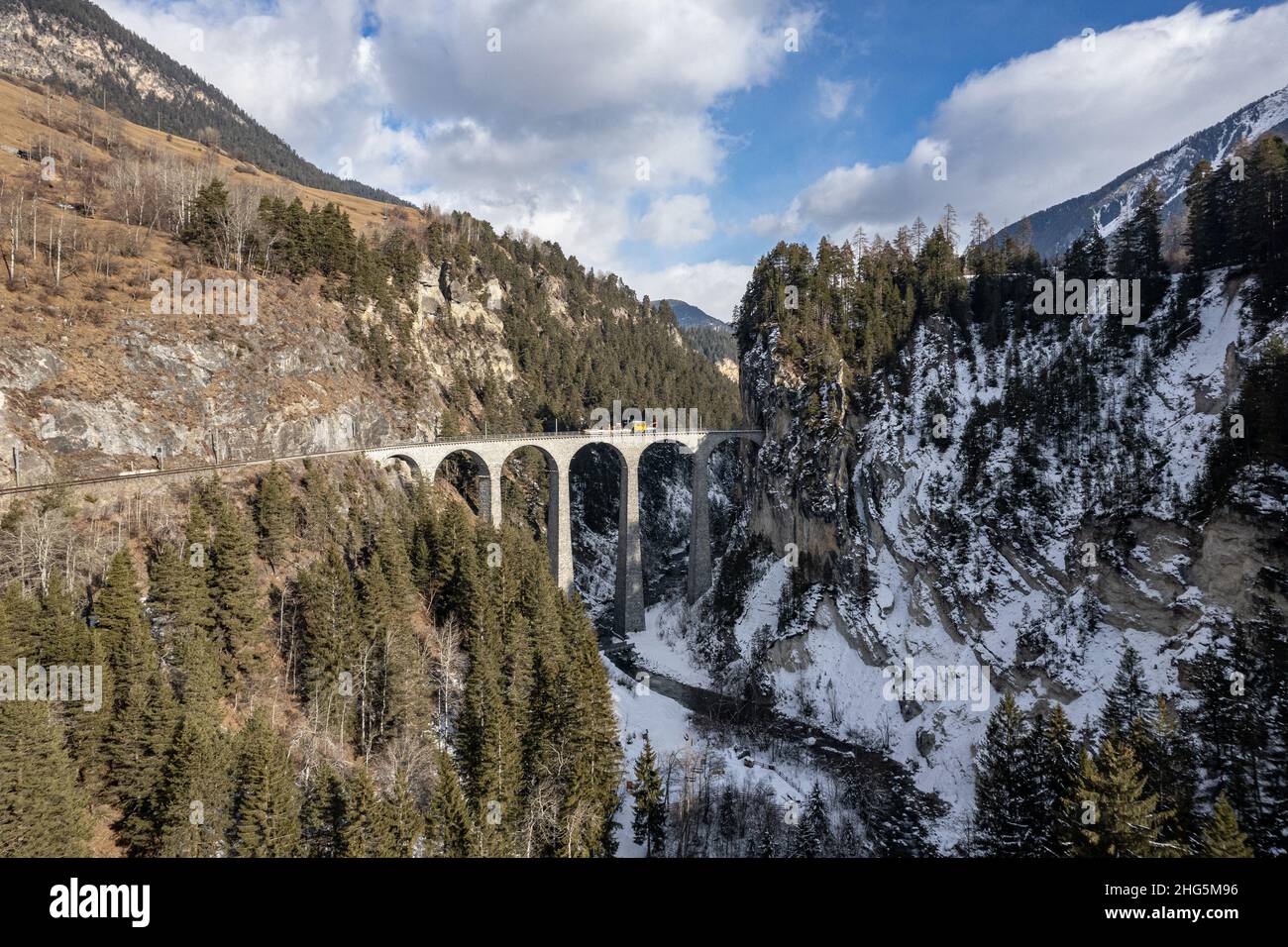 Swiss Mountain Train RHB on the Landwasser Viaduct, Switzerland Stock ...