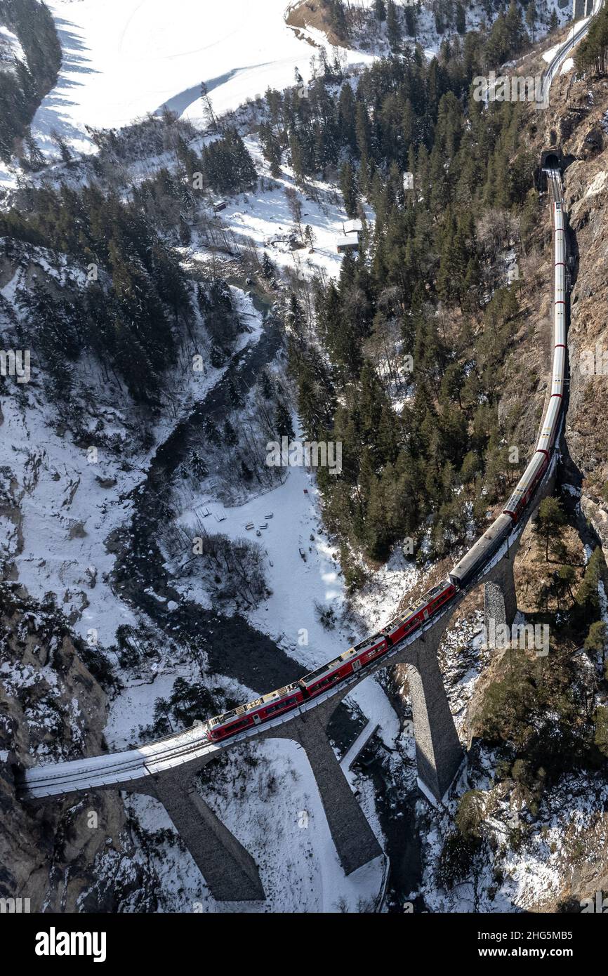 Swiss Mountain Train RHB on the Landwasser Viaduct, Switzerland Stock ...