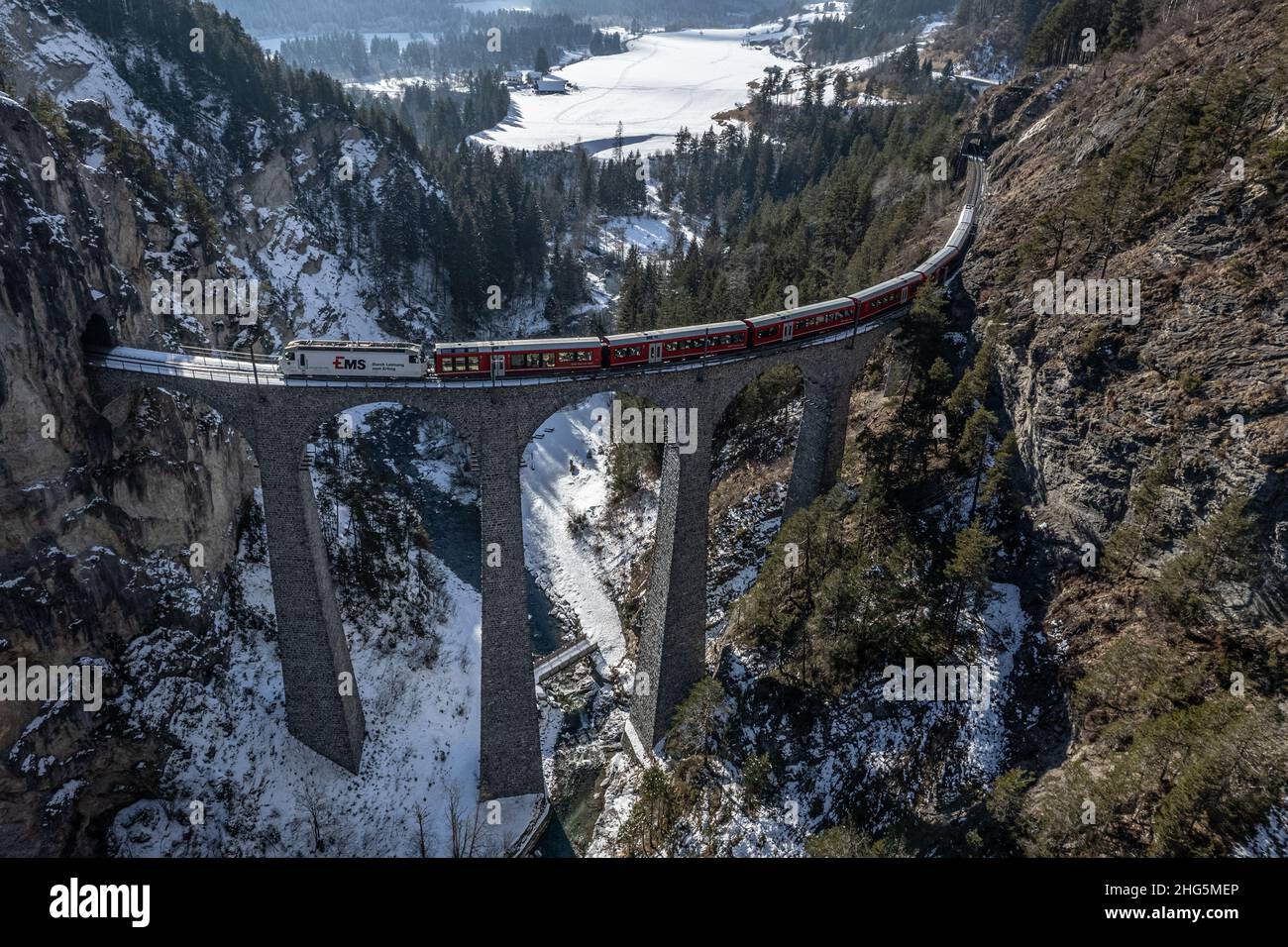 Swiss Mountain Train RHB on the Landwasser Viaduct, Switzerland Stock ...