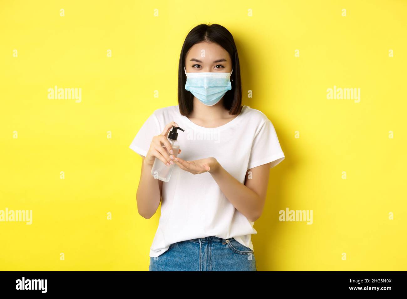 Covid, health care and pandemic concept. Cute asian woman in medical ...
