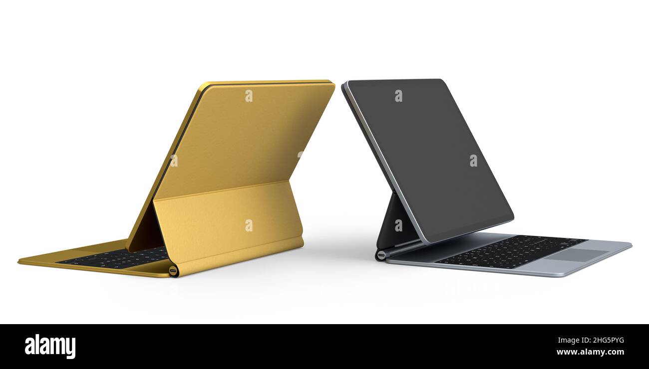 Set of computer tablet with keyboard and blank screen isolated on white ...