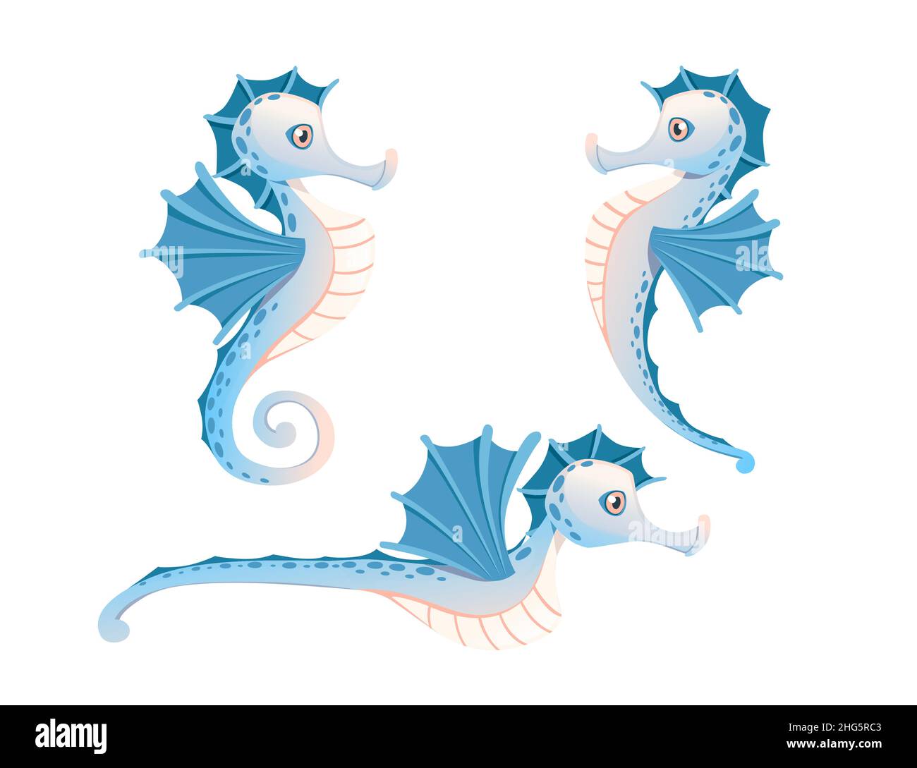 Set pf cute adorable blue seahorse cartoon sea animal design flat ...