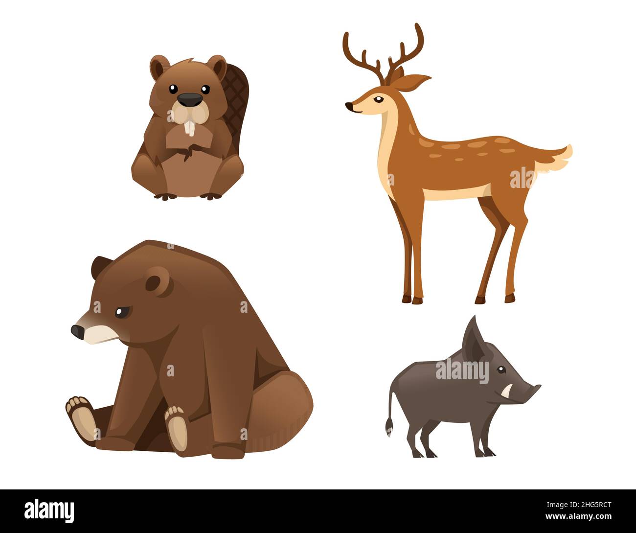 Set of cute woodland animals bear, deer, wild boar, beaver isolated on ...