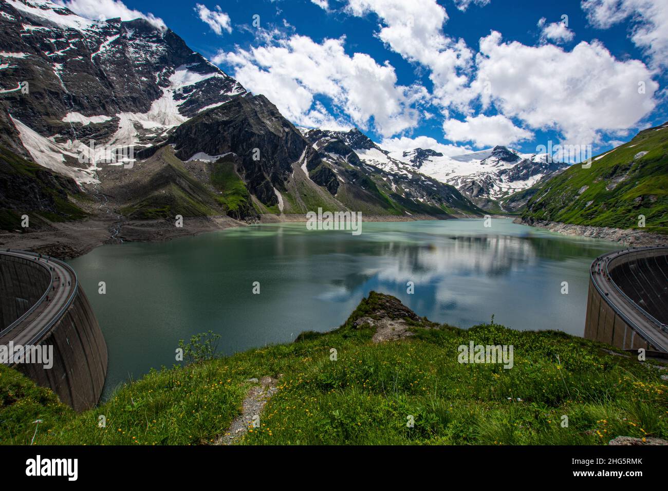View of the Stausee Mooserboden glacier dam, which rises below the ...