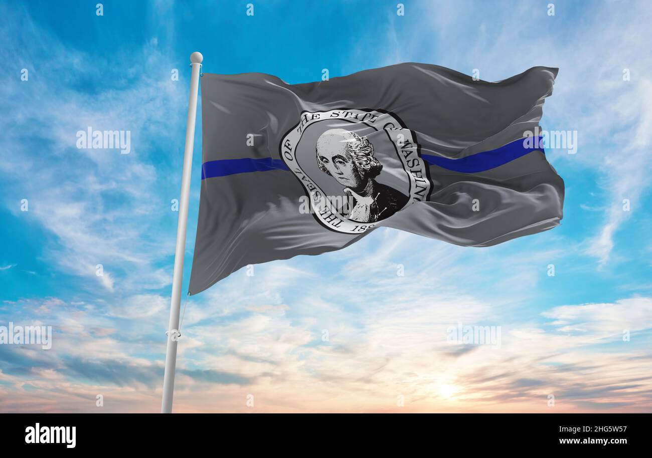 blue line flag of Washington state, Usa at cloudy sky background on ...