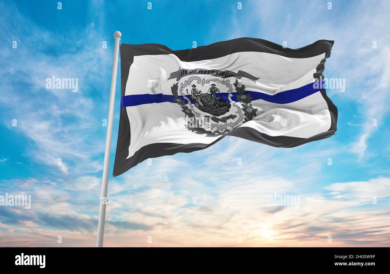blue line flag of West Virginia state, Usa at cloudy sky background on ...