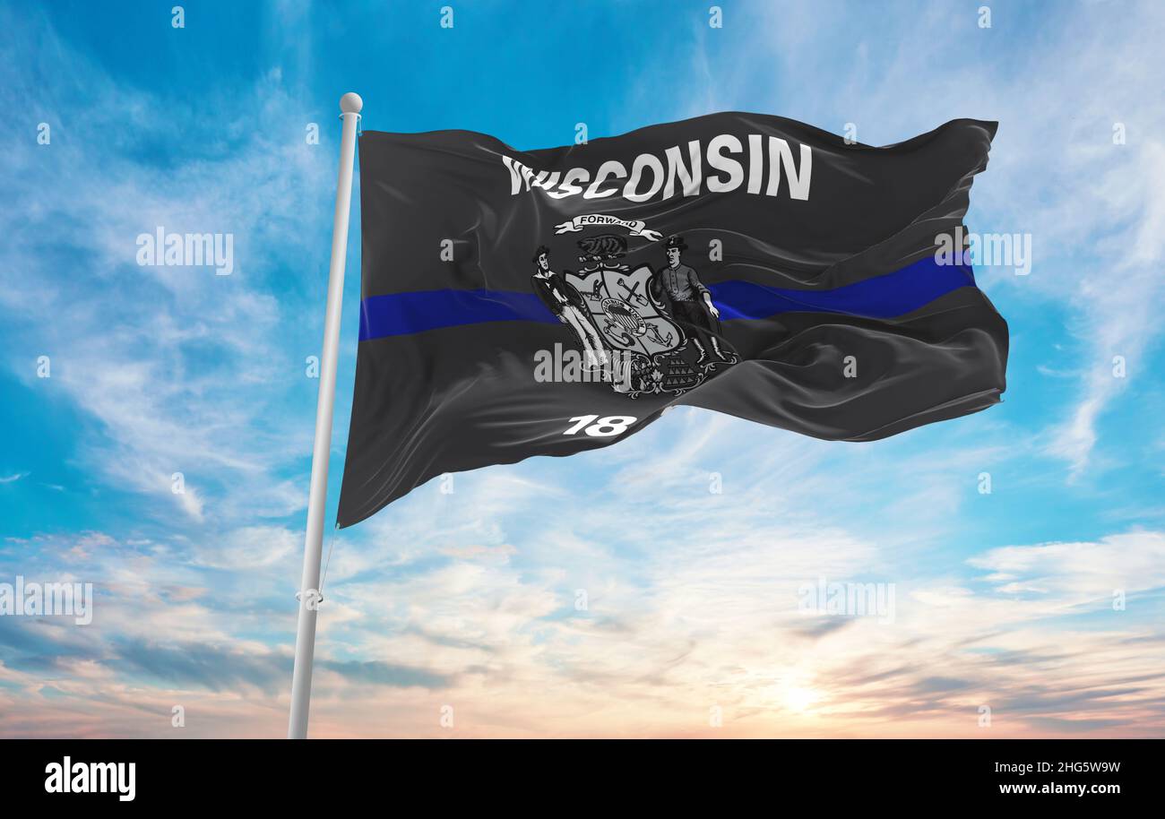 blue line flag of Wisconsin state, Usa at cloudy sky background on ...