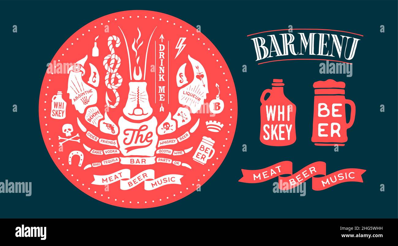 Graphic element for pub, bar. Circle coaster with drawing, ribbon, text ...