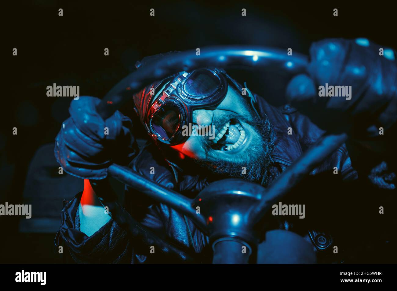 Old school retro image of crazy shouting driver with beard wearing ...