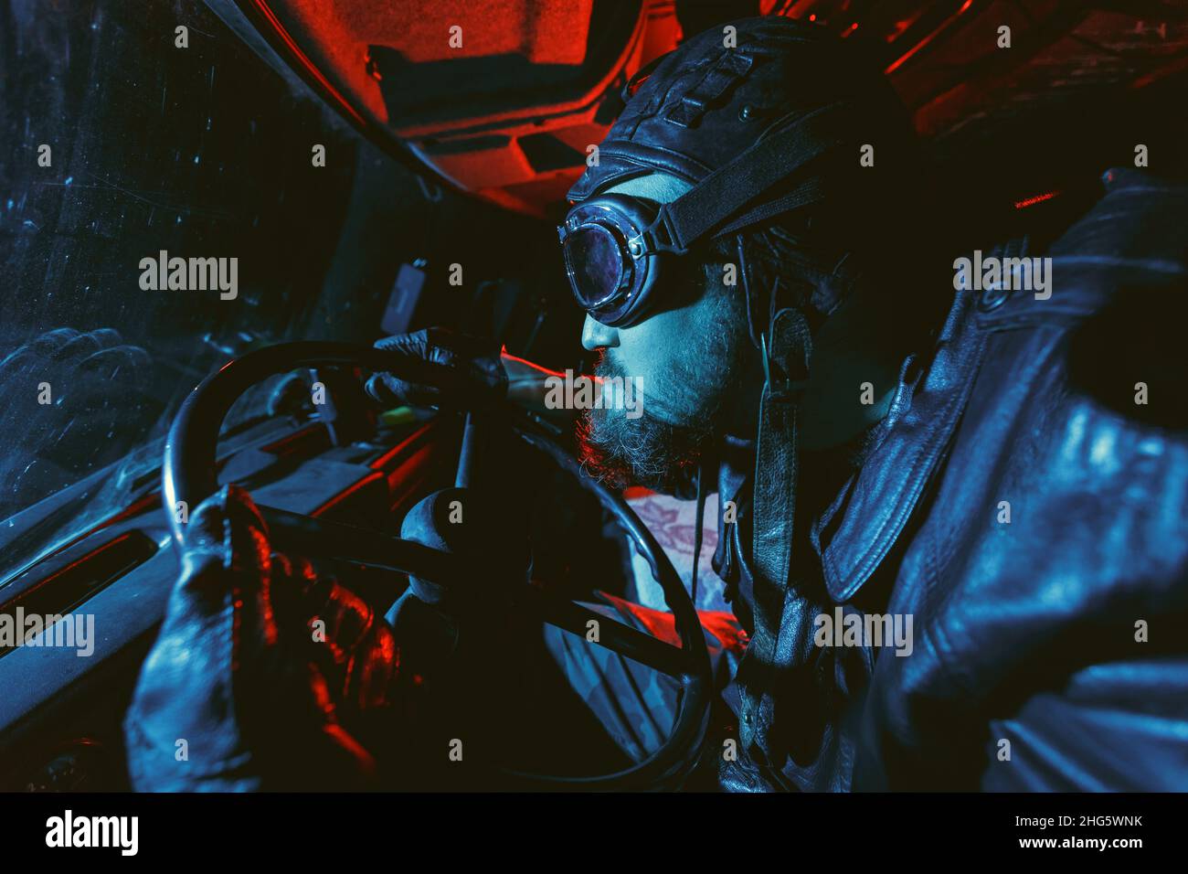 Old school retro image of crazy driver with beard wearing vintage ...