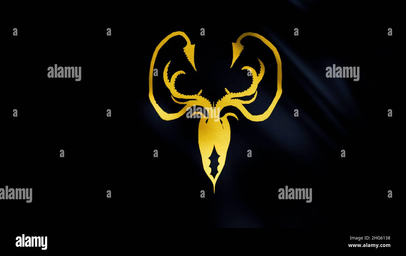Fluttering flag with a golden kraken on black background, seamless loop ...