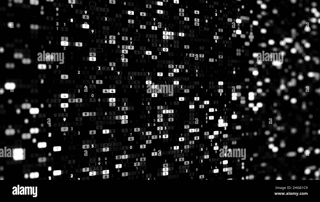 Monochrome panel with many shimmering and changing numbers from one to ...